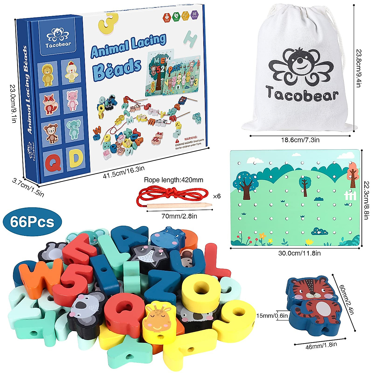 Atoylink 66 PCS Lacing Beads Montessori Toys for Toddlers with Lacing Board Wooden Primary String Threading Beads Animal Letters Numbers Lacing Toy Preschool Educational Toy for 3 4 5 6 7 8 Years Old