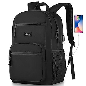 Jiauny 17 Inch School Backpack,Classic Backpack Lightweight Bookbag Scoolbag with USB Charging Port for High School Teens College Students Work Office Adult,Black