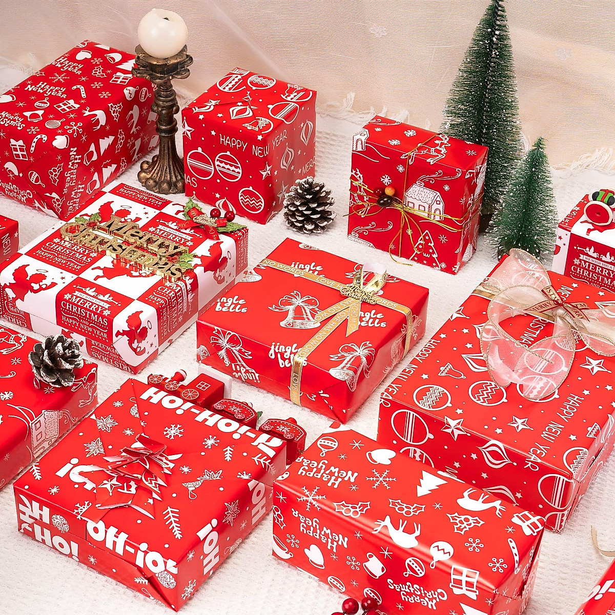 Toptime Christmas Wrapping Paper, Red and White Gift Wrapping Paper Sheets of 6 with Angel, Xmas Tree, Bells, Reindeer, Flat Cute Christmas Gift Wrap for New Year, Holiday, Art Crafts, 27.6x19.7in