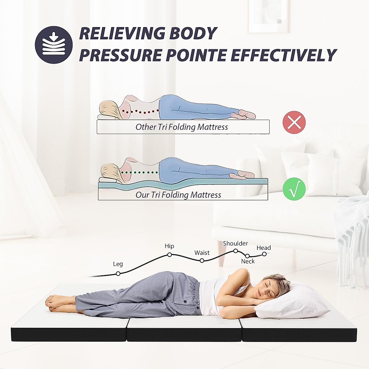 Folding Mattress, Tri-Fold Gel Memory Foam Mattress Portable Foldable Mattress with Washable Cover & Non-slip Bottom & Breathable Mesh Sides, Certipur-Us Certified, Fiberglass Free, (4 Inch, Full)