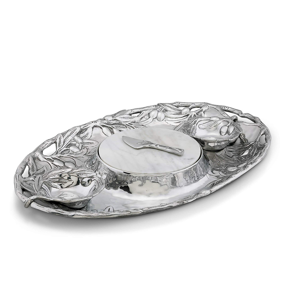 Arthur Court Sand-Cast Aluminum Olive Pattern 5 Piece Entertainment Tray 2 Serving Bowls, Tray, Spread, Marble 20 inch x 13 inch