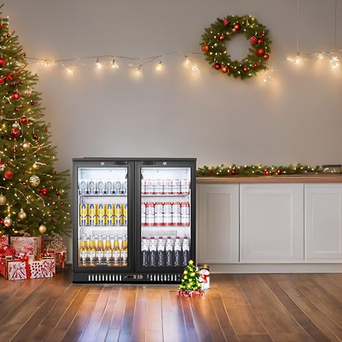 BODEGACOOLER Back Bar Cooler With 2 Glass Doors,Commercial Bar Cooler Under Counter7.4Cu.Ft,Back Bar Fridge, Beverage Bar Refrigerator with LED Lighting for Display Beverage,for Beer,Soda Drinks,Wine