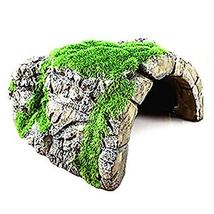 SunGrow Gecko & Ball Python Rock Cave, for Betta Fish, Hermit Crab, Shrimp, Tank Decor Ornaments, House Aquarium Hideout Décor for Aquatic Frog Pets, Resin Hideaway with Artificial Moss