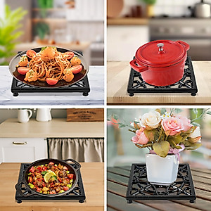 Square Cast Iron Trivet for Kitchen Countertop，Recycled Metal Heat Resistant Trivets with Rubber Pegs，Rustic Decorative Trivet for Hot Dishes Pot Pan Teapot for Kitchen Dining Table, Black