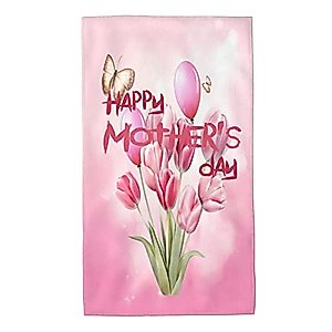 Heantstoy Happy Mother's Day Watercolor Pink Tulips Hand Towel Soft Bath Towel Kitchen Tea Dish Towels Bathroom Decorations Housewarming Gifts 27.5in X 15.7in
