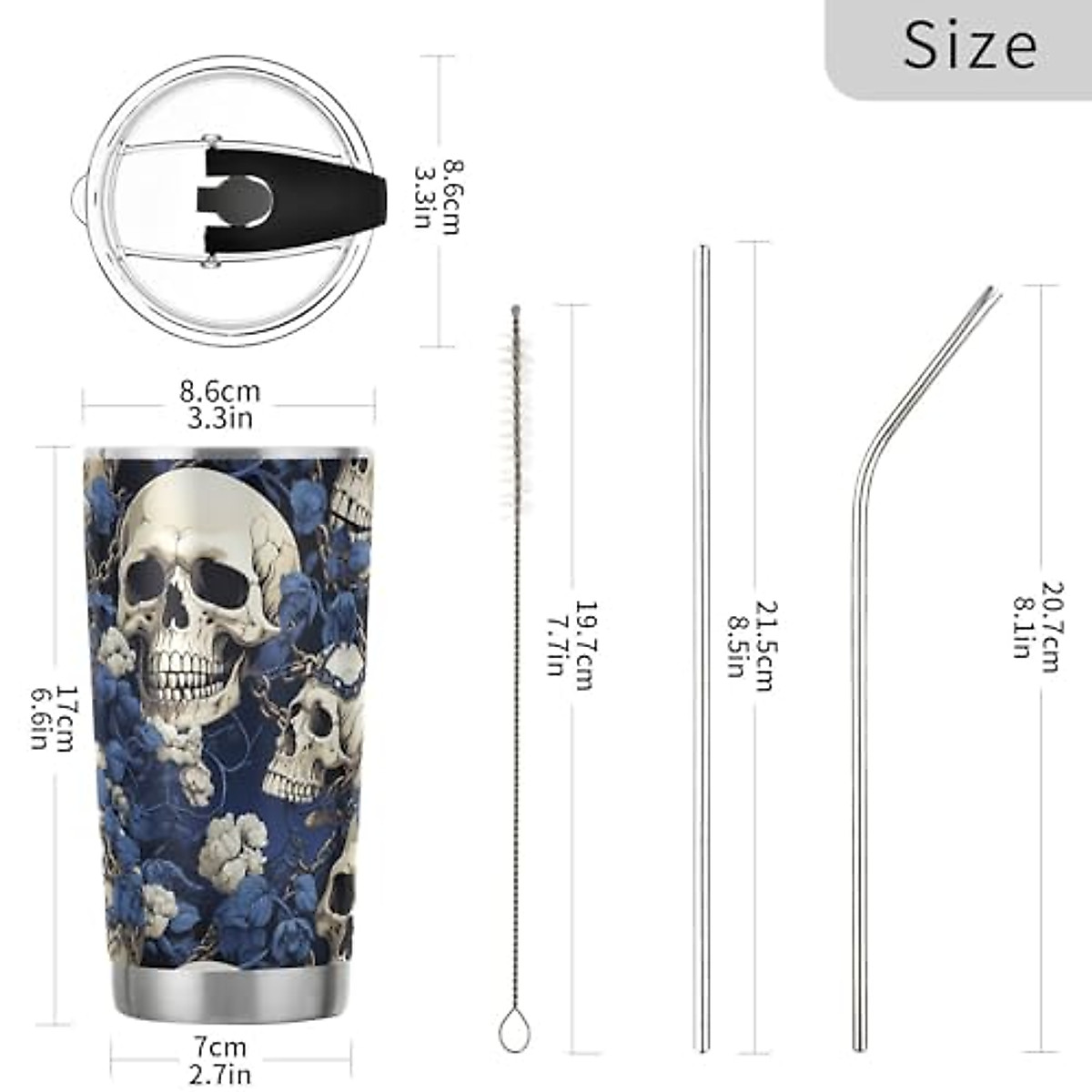 HXshaoye blue flowers skulls hippie Stainless Steel coffee cups with lids with Lid and Straw mug for hot drinks for coffee reusable 20oz coffee tumbler termos para gym 20oz