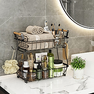 2 Tier Fruit Basket with 2 Banana Hangers, Countertop Fruit Vegetable Basket Bowl for Kitchen Counter Metal Wire Storage Basket Fruits Stand Holder Organizer for Bread Snack Veggies Produce, Black