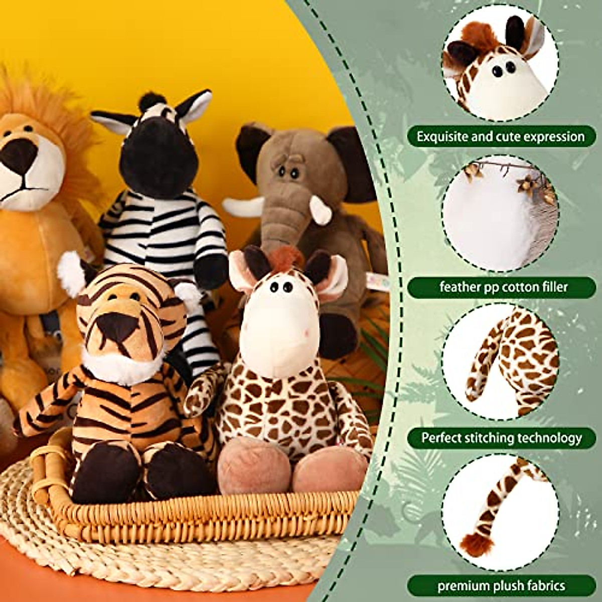 6 Pieces Safari Stuffed Animals Plush Jungle Animal Toys Set for Boys Girls, Cute Lion Elephant Zebra Giraffe Tiger Monkey for Animal Themed Parties Student Award Christmas (Cute Style)
