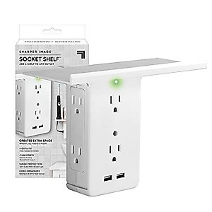 Socket Shelf- 8 Port Surge Protector Wall Outlet, 6 Electrical Outlet Extenders, 2 USB Charging Ports & Removable Built-in Shelf ETL Listed