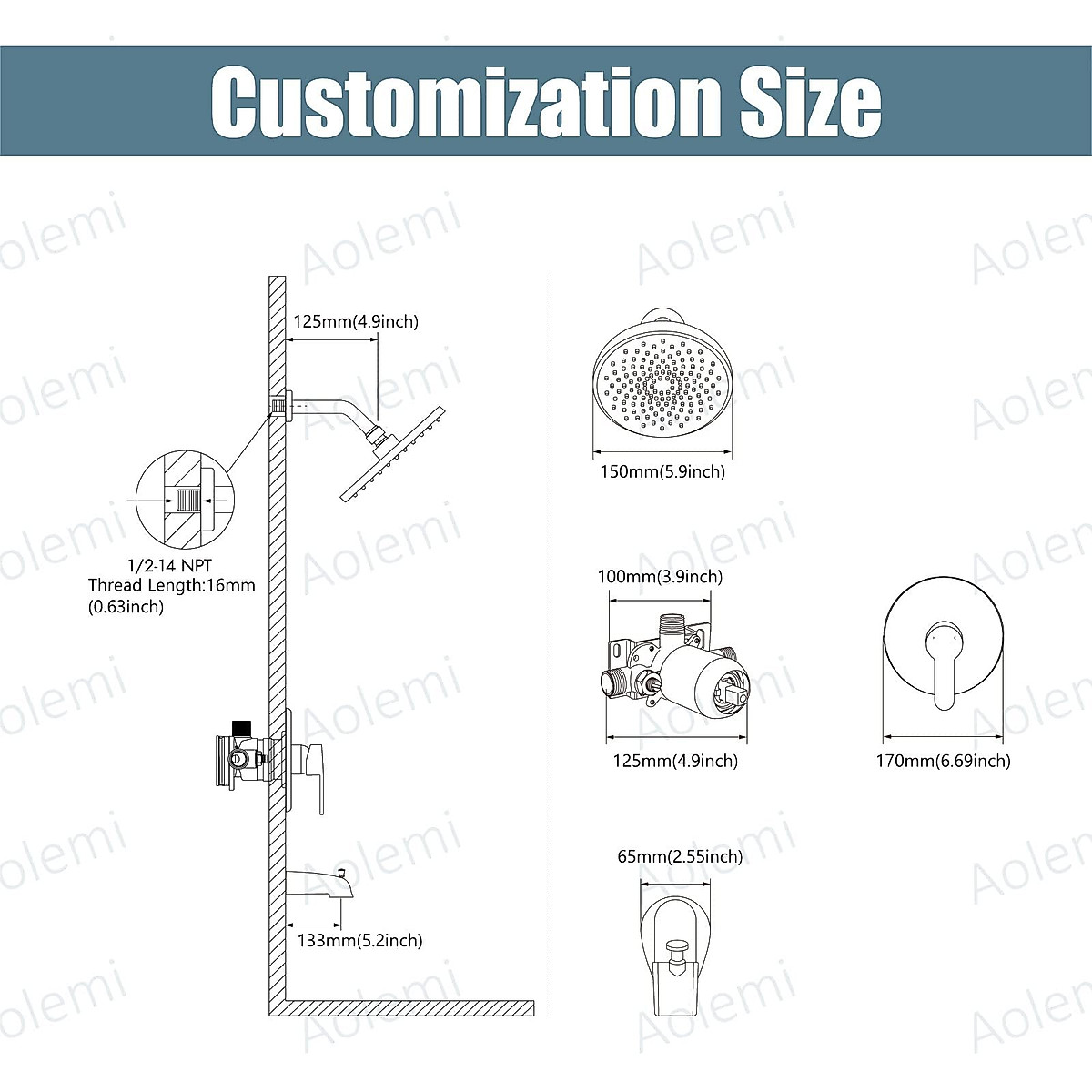 Aolemi Brushed Nickel Tub Shower Faucet Set With Valve Wall Mount Shower Trim Kit 6 Inch Bathtub Fixtures With Pressure Balance Rough-in Valve Single-Spray Shower Head System and 5.3 Inch Tub Spout
