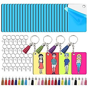 HTVRONT Sublimation Keychain Blanks Bulk - 120Pcs Sublimation Blanks Keychain with Blue Protective Film - MDF Rectangle Keychain with Tassels - Heat Transfer Keychain Blanks Double Sided