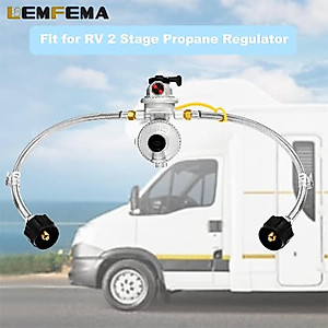 Lemfema 15 inch RV Propane Hose, 1/4" Male NPT Stainless Steel Braided Propane Hose with QCC1 for Standard 2-Stage Regulator, Include Thread Seal Tape, 2 Pack