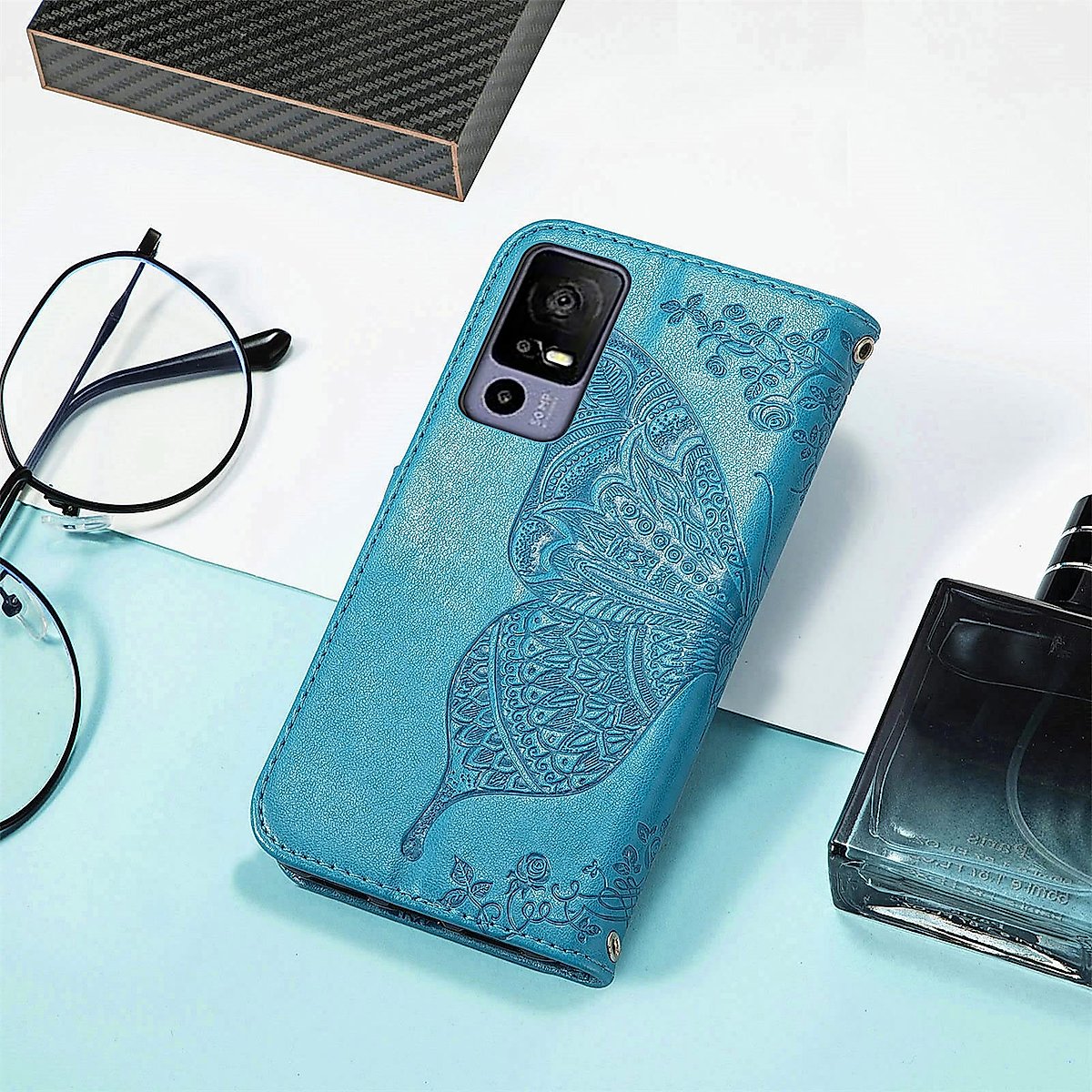 Ranyi for Lively Jitterbug Smart4 Case, Jitterbug Smart 4 Case, Butterfly Pattern Magnetic Wallet Case with Credit Card Holder Kickstand Flip Folio Leather Wallet Case for Jitterbug Smart4 -blue