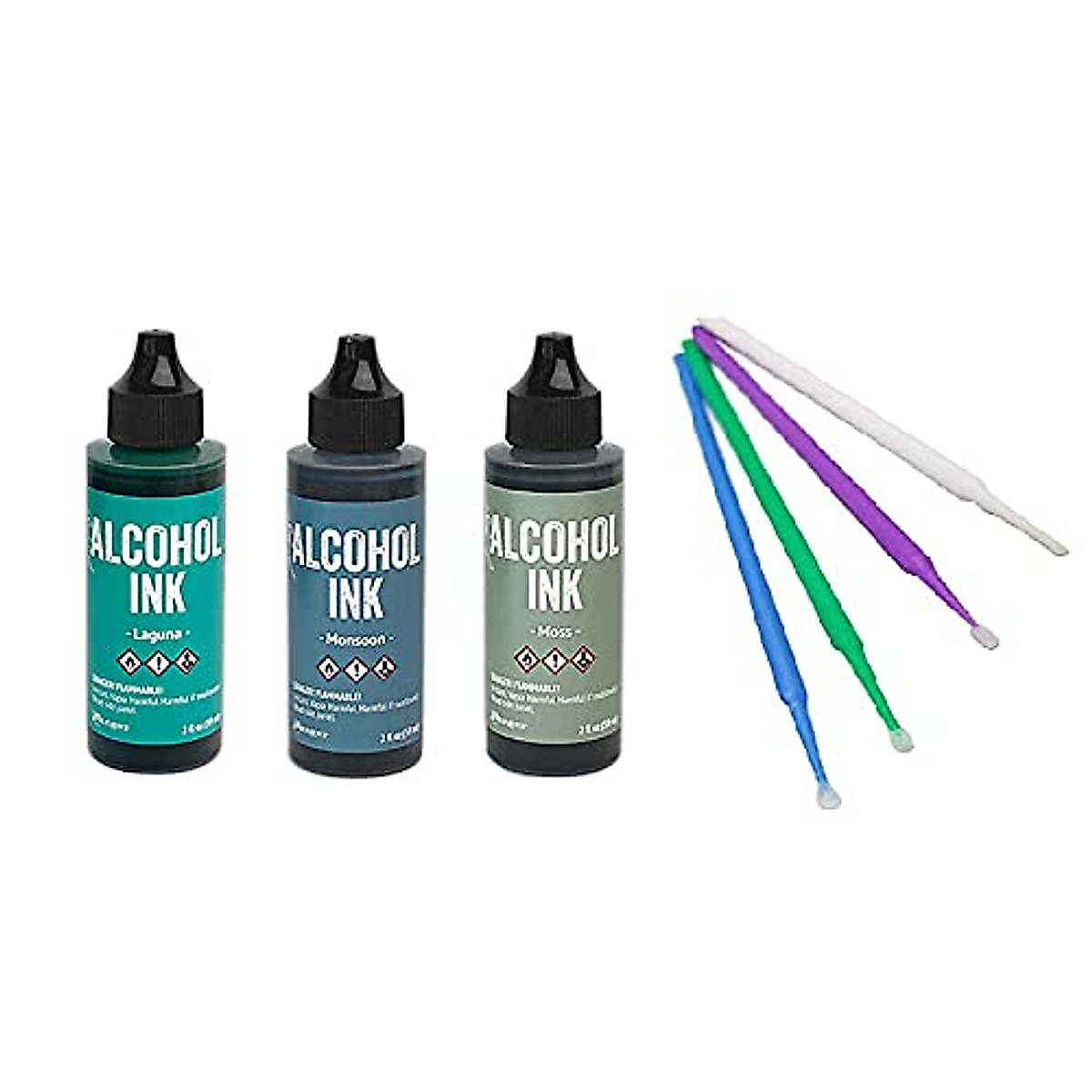 Ranger Alcohol Ink Bundles - Larger 2oz. Bottles of Alcohol Ink with PTP Flash Deals Blending Sticks (ICE: Laguna, Monsoon, Moss)