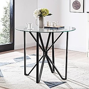 WISOICE Dining Table Round Glass Kitchen Dining Room Table with Tempered Glass Top and Metal Frames, Modern Circle Dinner Table for Small Spaces Living Room