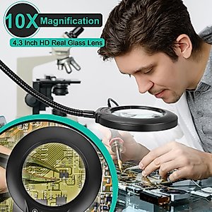 Drdefi 10X Magnifying Floor Lamp with Light, 24" Flexible Gooseneck Standing Magnifying Glass, 3-in-1 LED 5 Color Modes Stepless Dimmable Lighted Magnifier Lamp Hands-Free for Close Work, Reading
