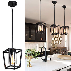 SGLfarmty Black Pendant Lights Kitchen Island, 1-Light Light Fixtures, Farmhouse Island Lighting, Metal Cage Hanging with Glass Shade for Hallway, Entryway