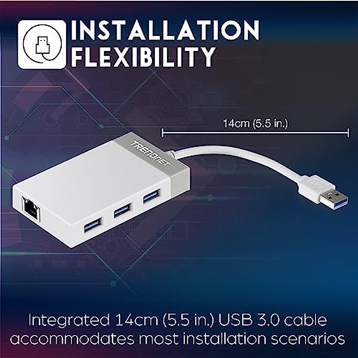 TRENDnet 3-Port USB 3.0 Hub, TU3-ETGH3, Compact USB to Ethernet Adapter, 3 x USB 3.0 Ports, 1 x RJ-45 Gigabit Ethernet Port, Supports XP, Vista, Windows, Mac OS 10.6-10.9, Nintendo Switch, White