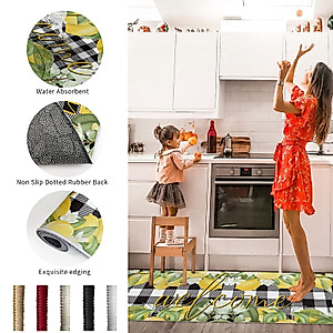 Aomike Summer Lemon Kitchen Mats 2 Piece, Lemon Green Leaves Flower Welcome Kitchen Rugs Set Buffalo Plaid Check Inside Floor Mat for Kitchen/Office/Entryway, 15.7" x 23.6"+15.7" x 47.2"