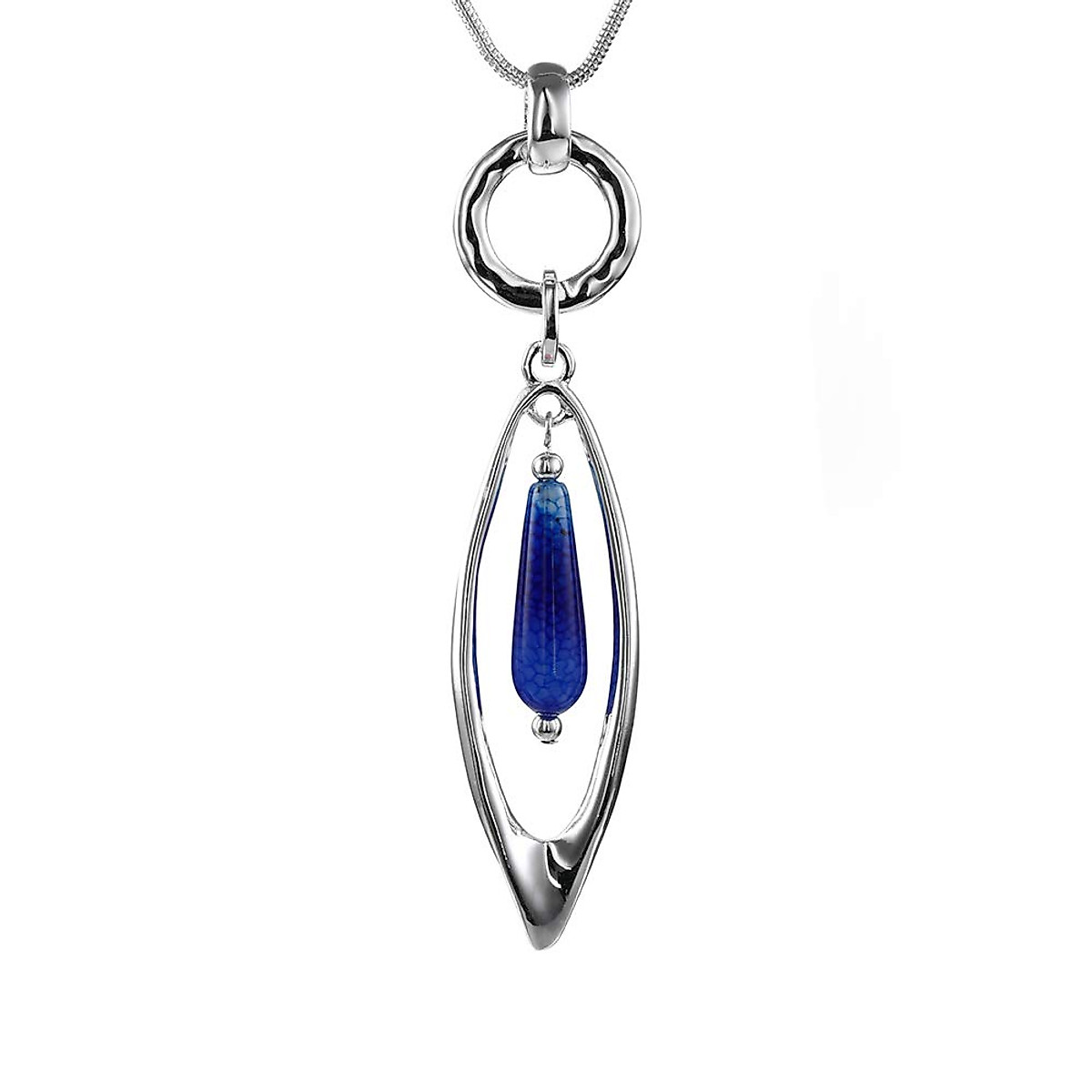 Necklace for Women Fashion Jewelry Long Natural Stone Pendant Statement Silver Necklaces with Gift Box (Blue)