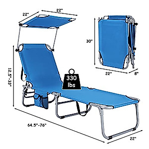 GYMAX Beach Chair with Canopy Shade, Folding Tanning Lounge with Adjustable Backrest, Carry Handle & Side Pocket, Sunbathing Chair for Outside, Patio, Poolside, Lawn (1, Navy)