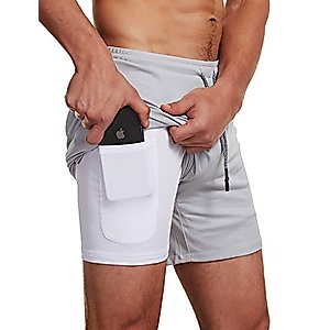 FLYFIREFLY Men's 2-in-1 Workout Running Shorts 7" Lightweight Gym Yoga Training Sport Short Pants Grey