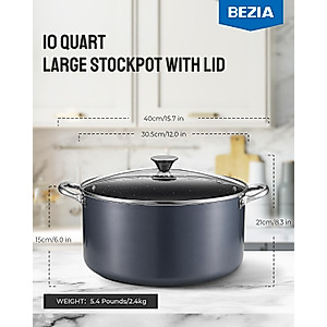 BEZIA 10 Quart Cooking Pot, Large Non Stick Induction Stock Pot with Lid, All Stove Compatible, 10 QT Aluminum Soup/Stew Pot For Large-batch Cooking, Grey