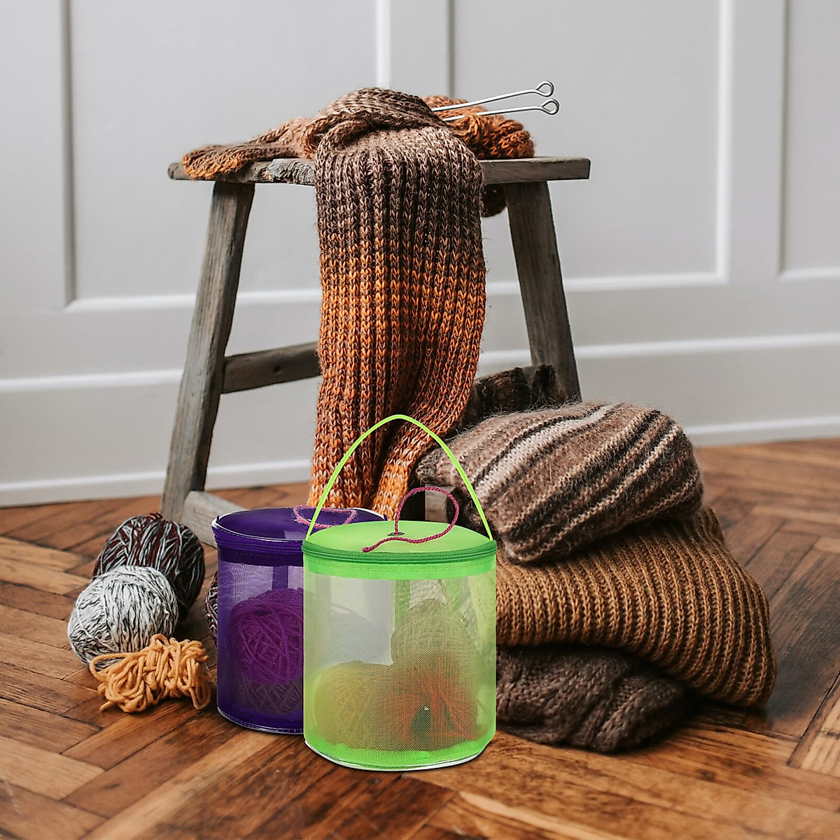 Ciieeo 2 Pcs Yarn Storage Bag Mesh Knitting Bag Portable Round Yarn Balls Organizer Yarn Wool Storage Bag for Sewing Accessories, Yarn Balls and Crochet Kits
