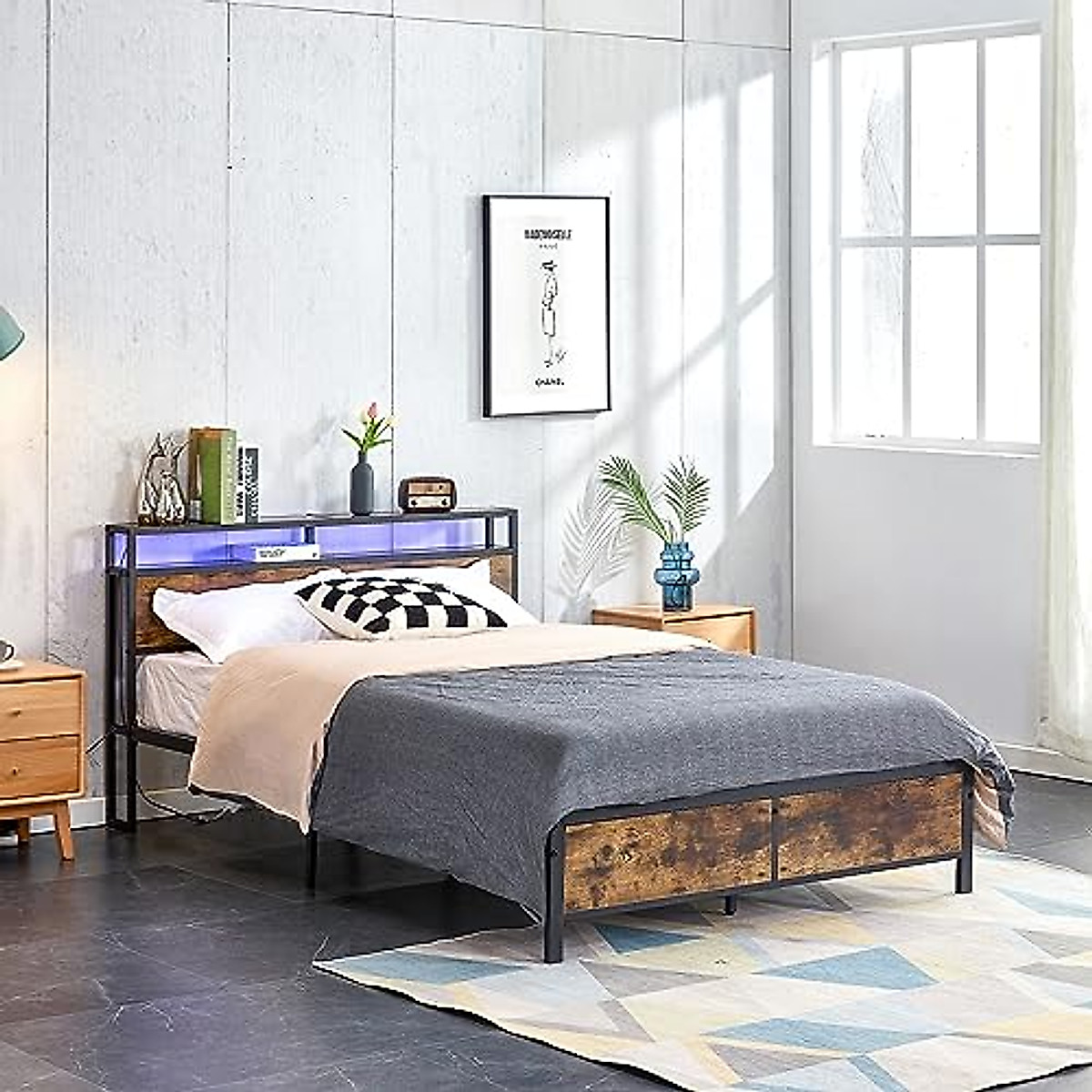 Industrial Modern Full Size Bed Frame with LED Lights and 2 USB Ports,with Wood Shaving Headboard and Platform Bed Frame,Bearing Capacity Up to 900 (Full, Rustic Brown)