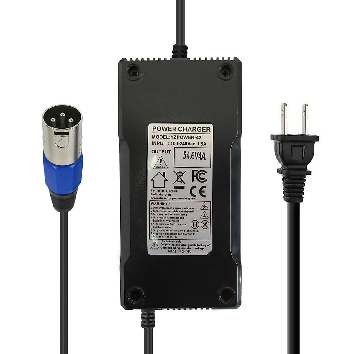 Abakoo 54.6V 4A Power Adapter for 48V 13S Lithium Battery Charger with 3-Pin XLR Connector