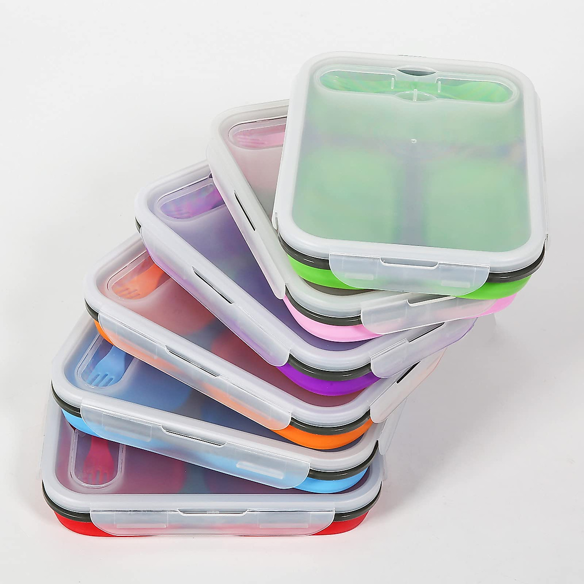Exclusivo Bolsillo Foldable Bento Lunch Box (6pcs) for Women Men With Spork & Lid BPA Free,Collapsible and Leakproof Space Saving Food Storage Containers with 3 Compartments(6 Color Pack)