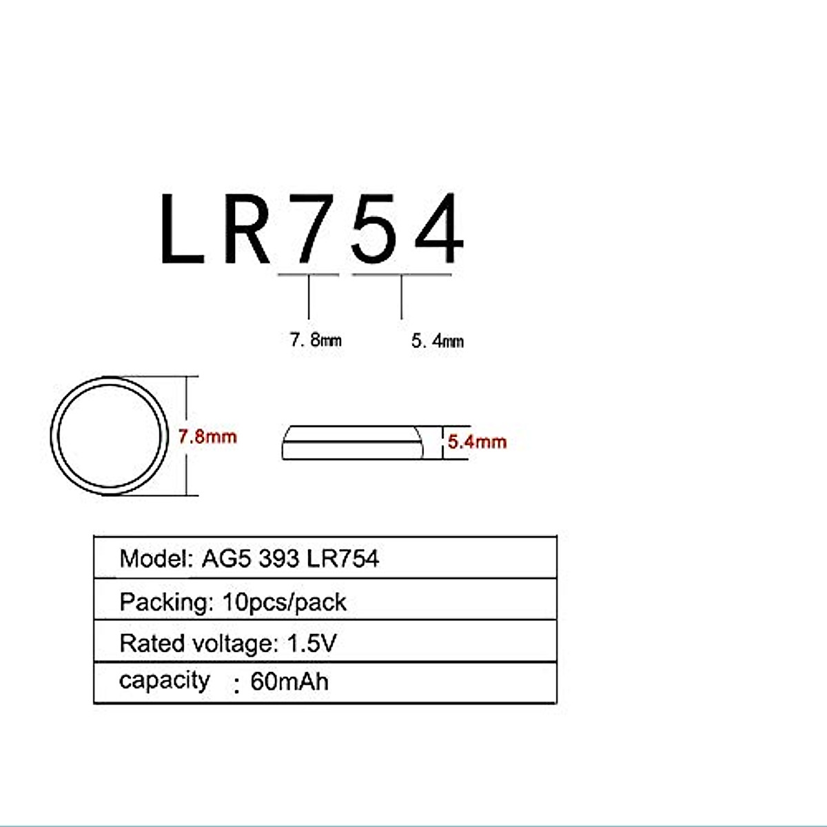 Cotchear 20pcs AG5 Button Cell Battery 1.5V 393A LR754 SR48 AG5 Alkailine Coin Batteries