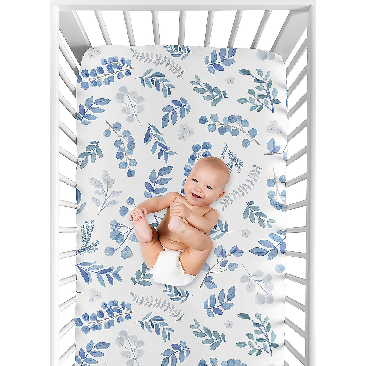 Sweet Jojo Designs Floral Leaf Boy or Girl Fitted Crib Sheet Baby or Toddler Bed Nursery - Blue Grey and White Boho Watercolor Botanical Flower Woodland Tropical Garden