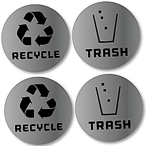 6 Pack (4in x 4in) Recycle Logo and Trash can Sticker to Organize Your Trash - 7 mil - Laminated - for Trash cans, Garbage containers and Recycle Bins - Premium Vinyl Decal (Silver Metallic)