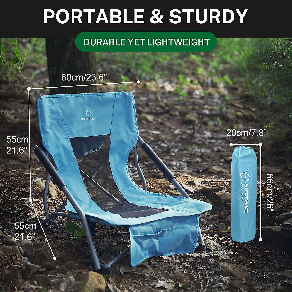 HITORHIKE Low Sling Beach Camping Concert Folding Chair with Armrests and Breathable Nylon Mesh Back Compact and Sturdy Chair(Blue,Normal)