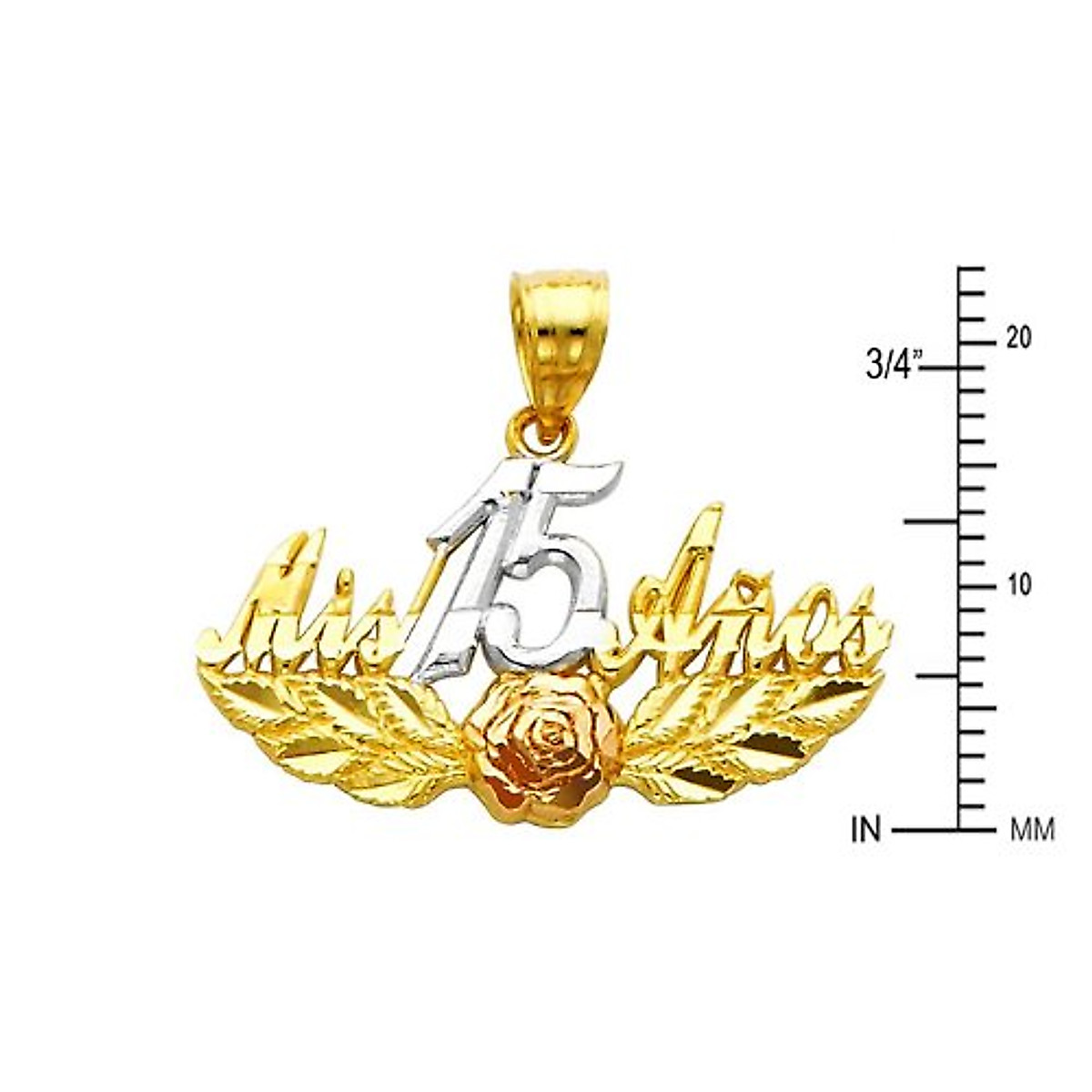 14k REAL Tri Color Gold 15 A?os Pendant with 1.5mm Diamond Cut Chain Necklace - 20"