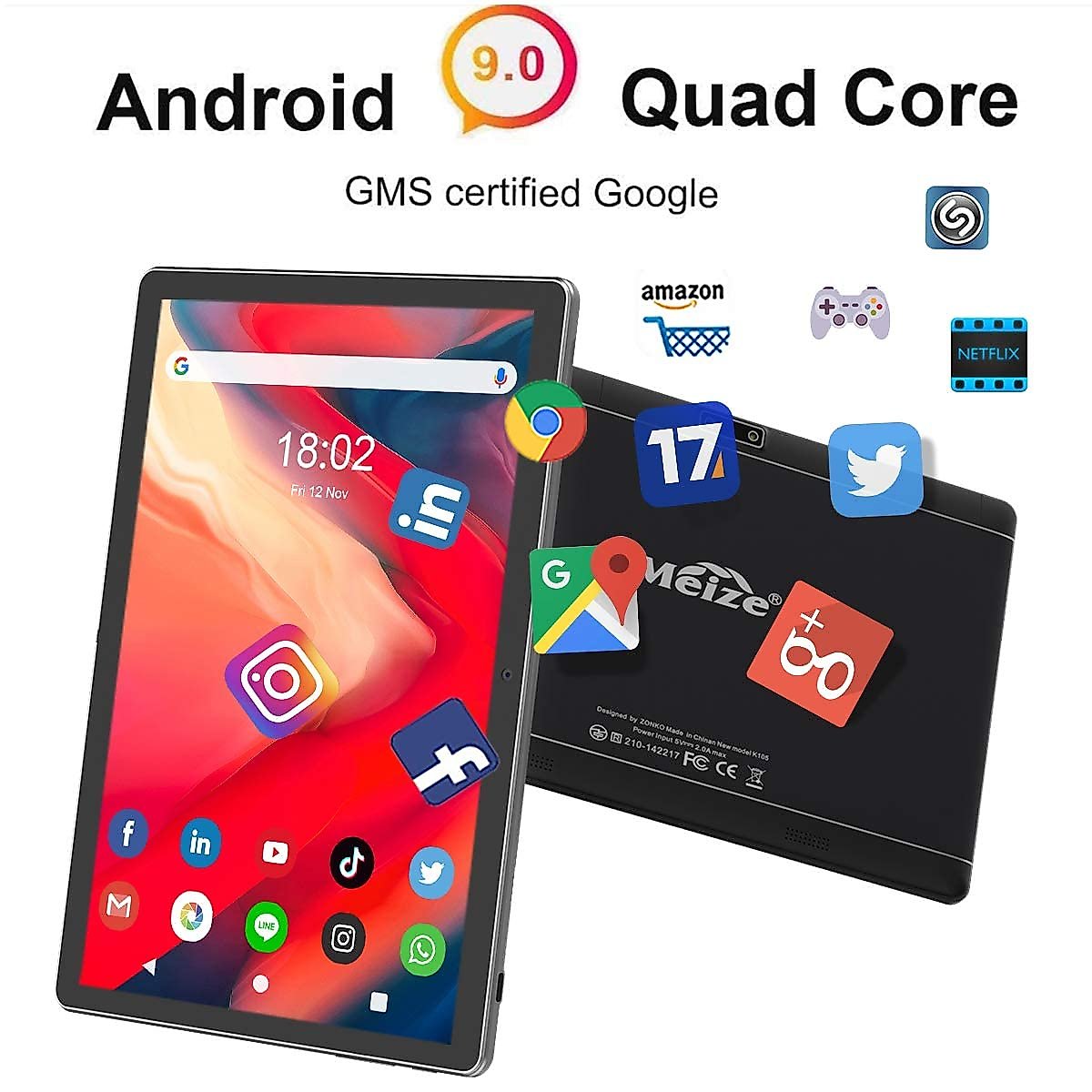 Tablet 10 Inch, Dual SIM Solt Android 9.0 Quad Core Processor Tablets, 32GB ROM 6000mAh Battery HD Tablet, Support 128GB Memory Storage Expand, WiFi, Bluetooth, GPS