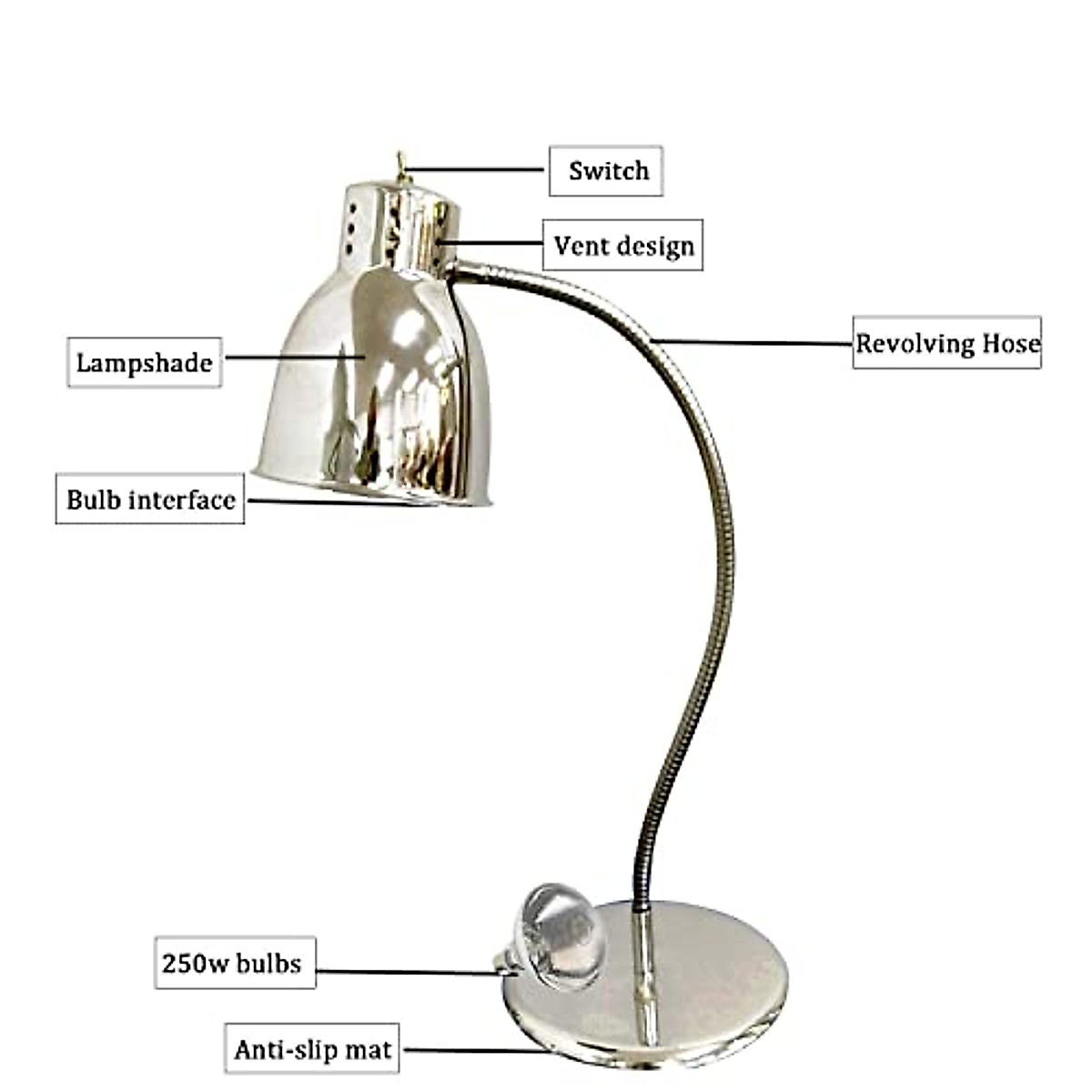 KOUWO Commercial Food Heat Lamp with Bulb Fried Food Warming Lamps Hot Food Warmer Lights for Buffet Bar Parties Catering (Silver(Single Head))