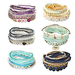 LOYALLOOK 6 Sets Bohemian Stackable Bead Bracelets for Women Stretch Bohemian Style Stretch Multilayered Boho Bracelet Set