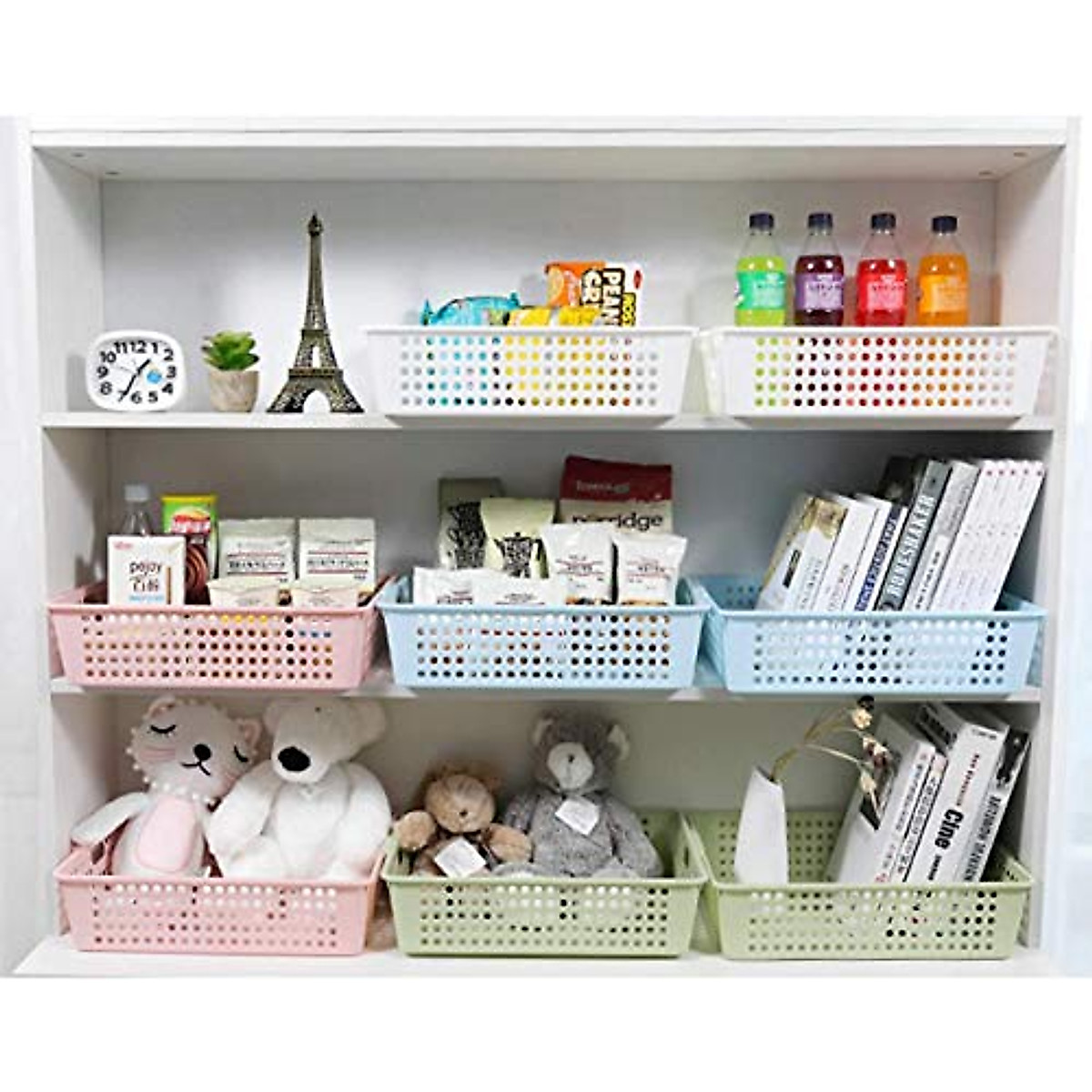Lawei 8 Pack Plastic Storage Baskets - Colorful Paper Organizer Baskets Plastic Shelf Bins with Handles, Classroom Office File Holder for Home Office School