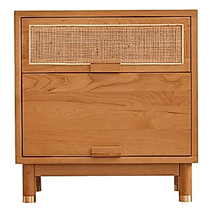 Nightstand, End Table with 2 Drawers, Modern Bed Side Table, All Solid Wood Bedside Table,Brass Decorative Cabinet Legs