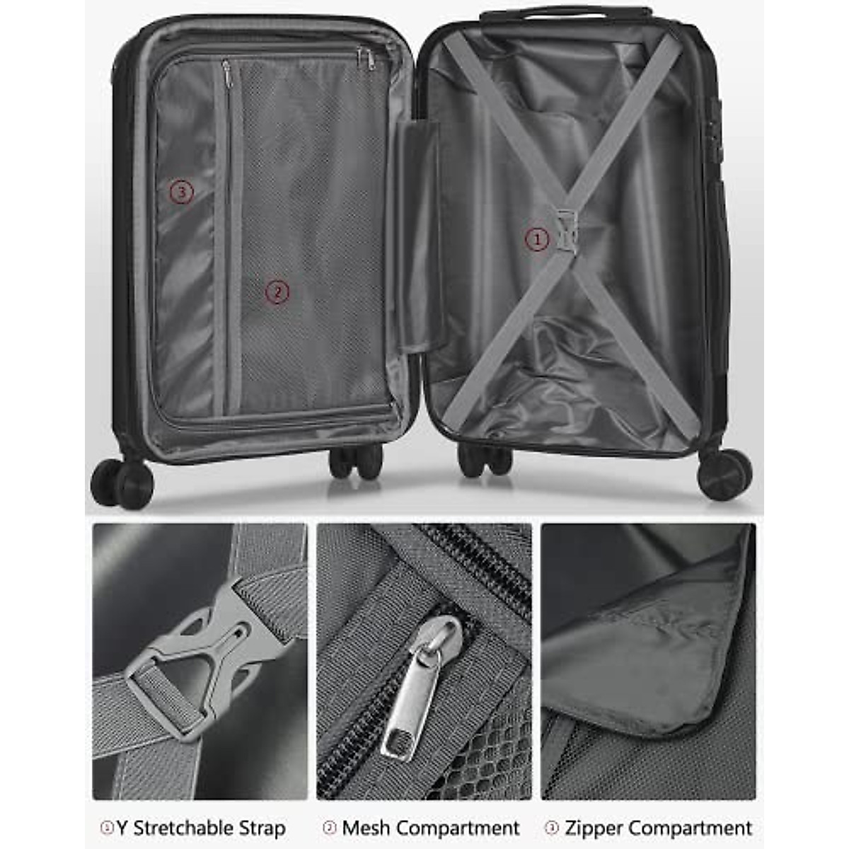 SunnyTour Expandable Luggage Sets with Double Spinner Wheels, 3 Piece Hard Suitcase Set for Short Trips and Long Travel, Black