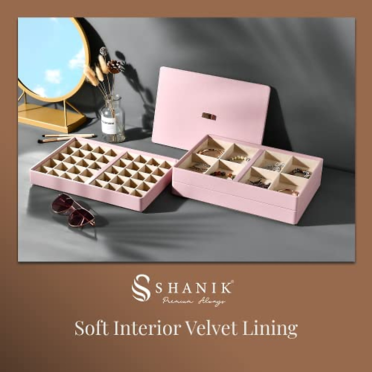 Shanik Stackable Large Jewelry Tray Organizers, 3 Pc. Set, Cute Designer Storage with Soft Velvet Surfaces to Protect Rings, Necklaces, Bands, and Earrings, Custom Display, Large Capacity, Pink