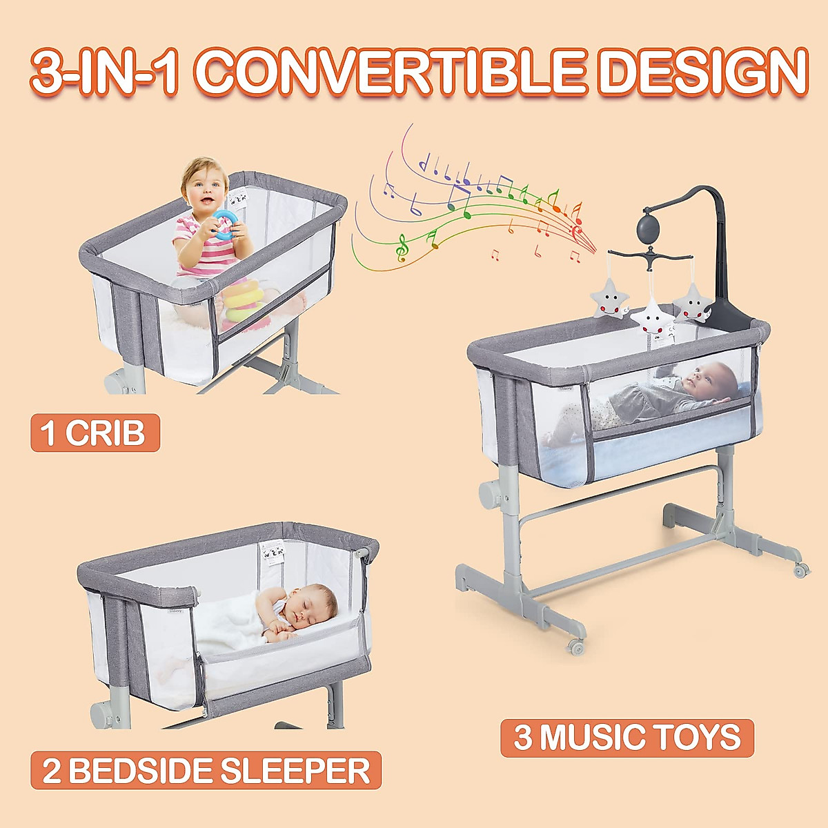 Babevy Baby Bassinet Bedside Sleeper Bedside Crib, Crib Adjustable Height Portable Bassinet with Wheels and Music Box for Newborn Baby, Mattress and Travel Bag Included, Linen-Grey