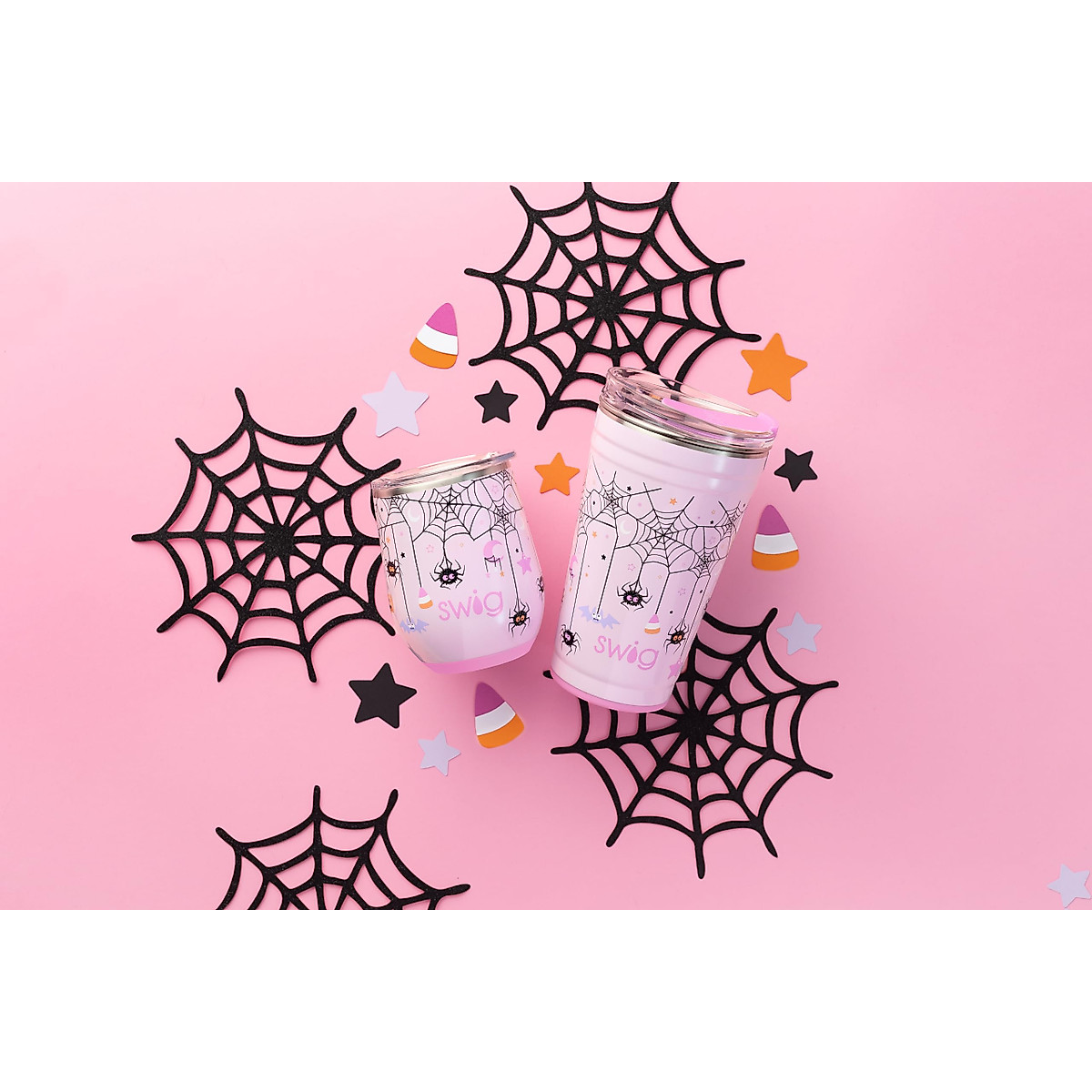 Swig Life 24oz Party Cup, Stackable Insulated Travel Coffee Tumbler with EZ Slider Lid, Cup Holder Friendly Travel Thermos, Stainless Steel 24 oz Tumbler, Reusable Coffee Mug (Sweet And Spooky)