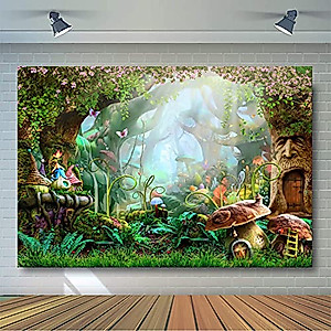 PASRLOLV 7x5ft Alice in Wonderland Backdrop, Fairy Tale Photo Backdrop, Forest Photography Background for Boy Girl Birthday Party Banner Newborn Baby Shower Decoration Photo Booth Prop, Vinyl