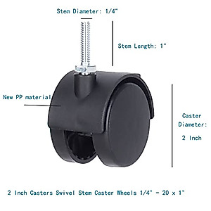 2 Inch Casters Swivel Stem Caster Wheel 1/4" - 20 x 1" New PP Furniture Shelving Casters Replacement Castors with Brakes (with Brake-Black)