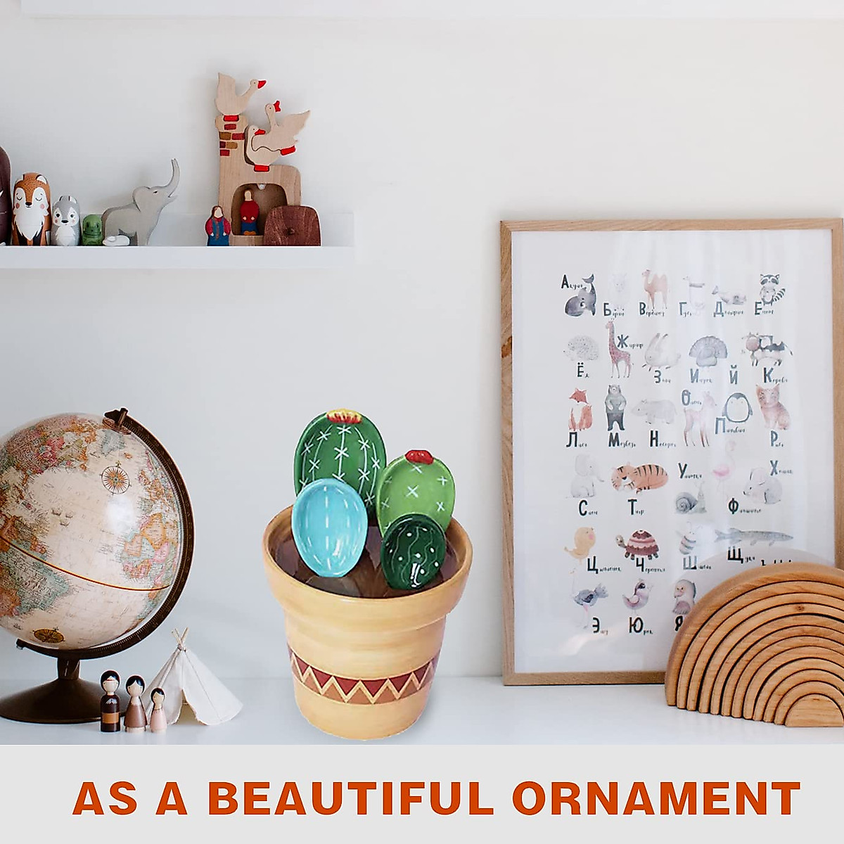 Cactus Measuring Spoons Set in Pot, Cute Ceramic Measuring Spoons and Cups, Baking Cacti Spoon with Holder for Milk Powder Sugar Salt Wet Dry Ingredients, Kitchen Home Small Decorations Ornaments