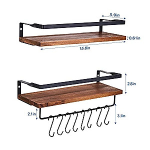 Micup Floating Shelves Wall Mounted Set of 2 Rustic Wood Storage Shelf for Bathroom, Bedroom, Kitchen, Living Room (with Removable Hooks, Dark Brown)