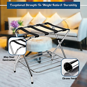 USTECH Luggage Rack-Double Tier, Chrome, Self Asssembly, Foldable Rack for Guest Room